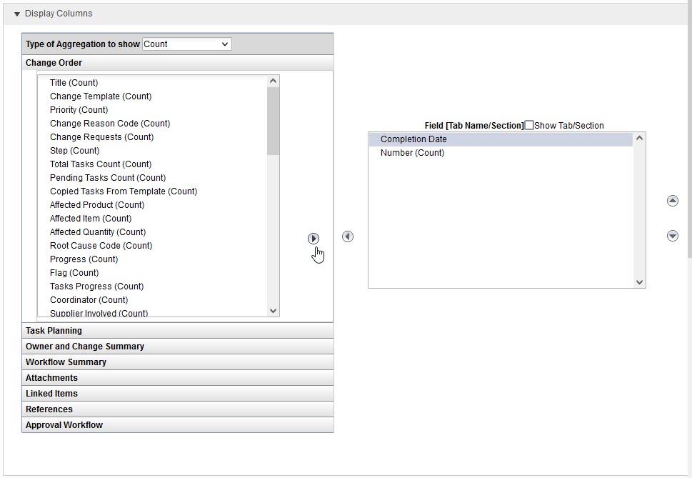 In the Display Columns section, set the Type of Aggregation to show to Count . Select Number ...
